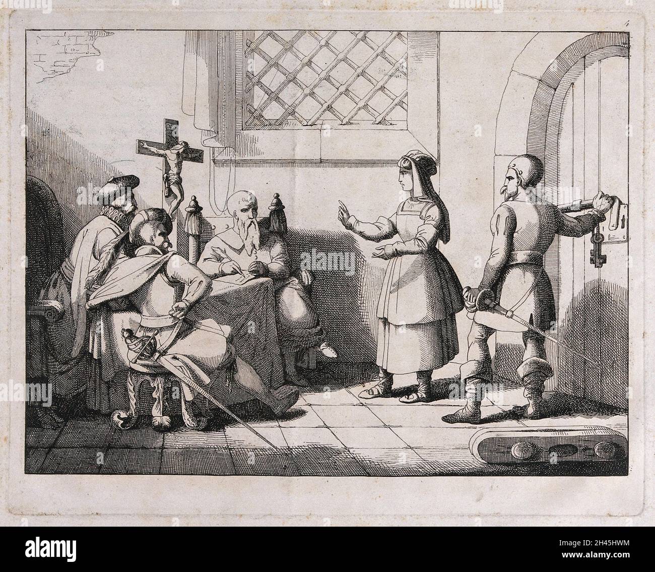 A laundry-maid is interrogated by two officials and an ecclesiastic ...
