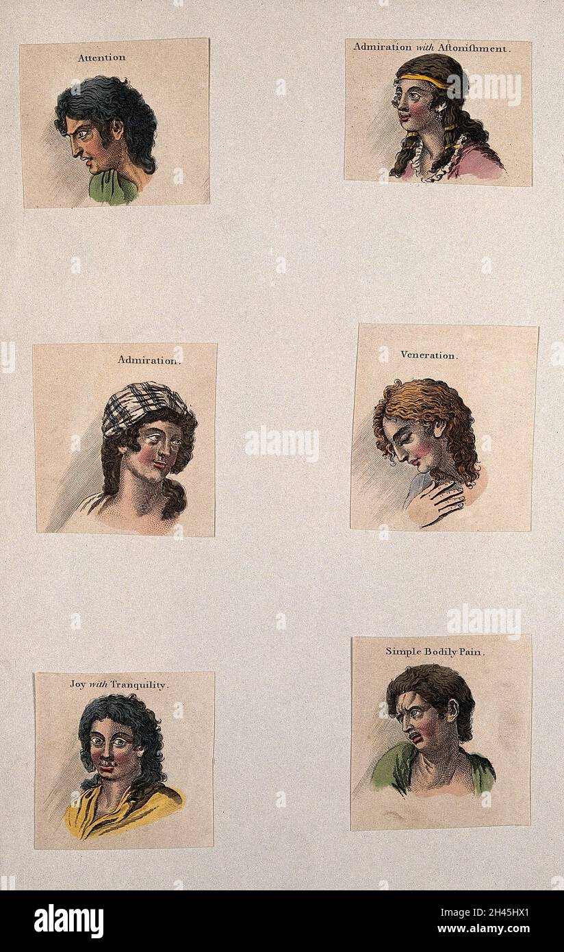 Six faces expressing the human passions: (clockwise from top left ...