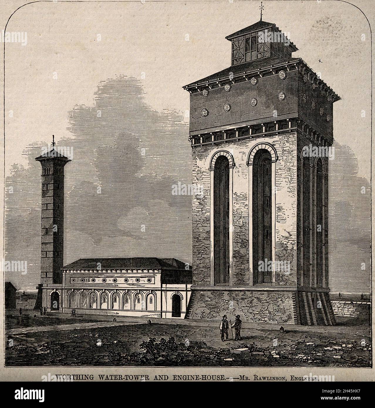 Water-tower and engine-house, Worthing, Sussex. Wood engraving by W.E ...