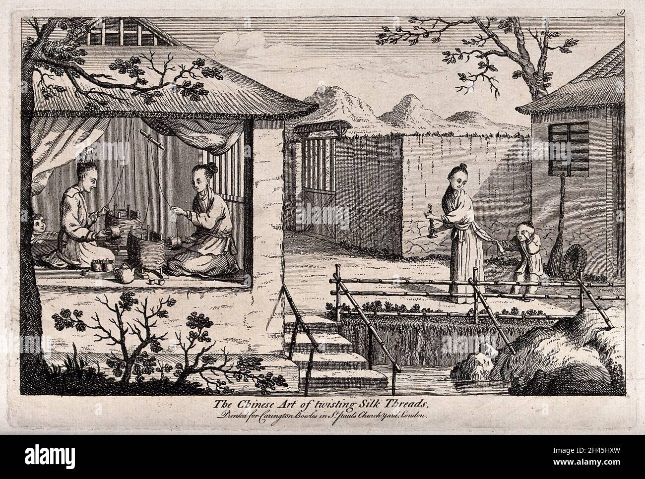 Textiles: silk manufacture in China, spinning the threads. Engraving ...