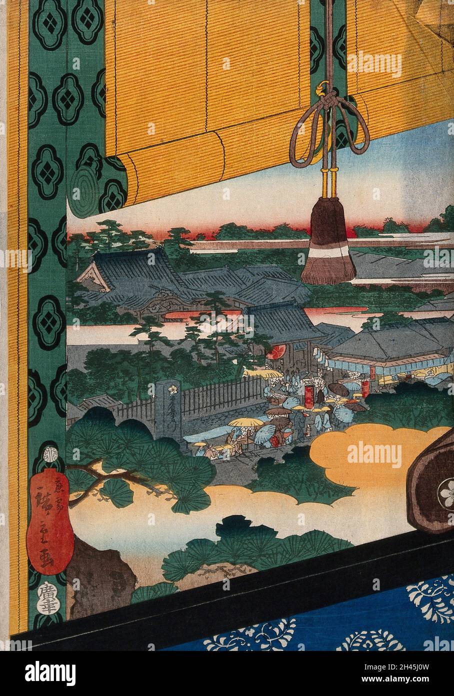 A sumo contest in the precinct of Ekōin temple in Edo. Colour woodcut ...