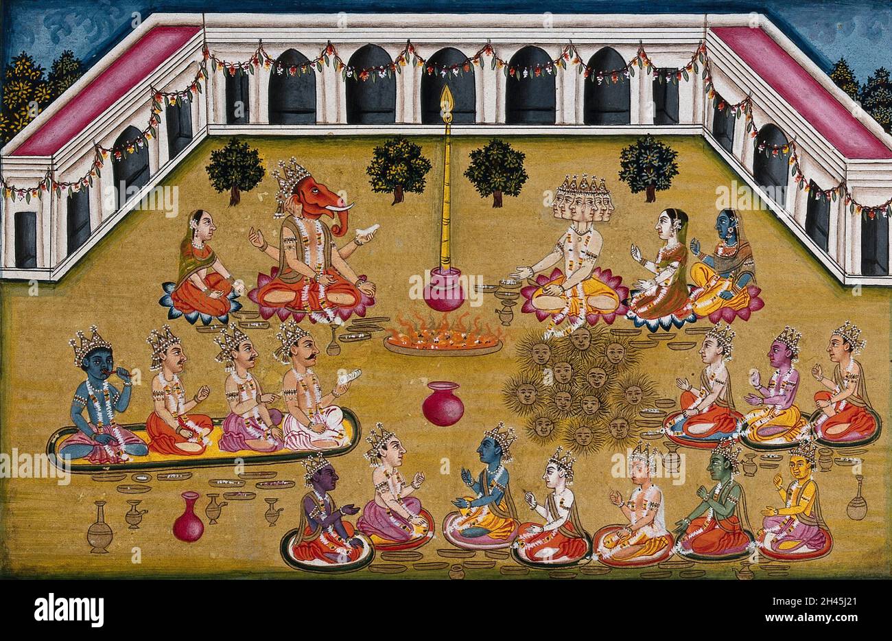 Lord Ganesh and Skanda (?) sit across a sacrificial fire, with a long ...