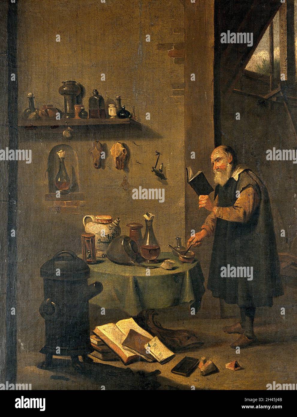 An alchemist in his laboratory. Oil painting after David Teniers the ...