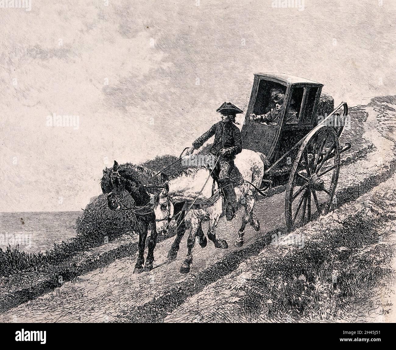 A carriage carrying two people travelling along the road. Etching by A ...