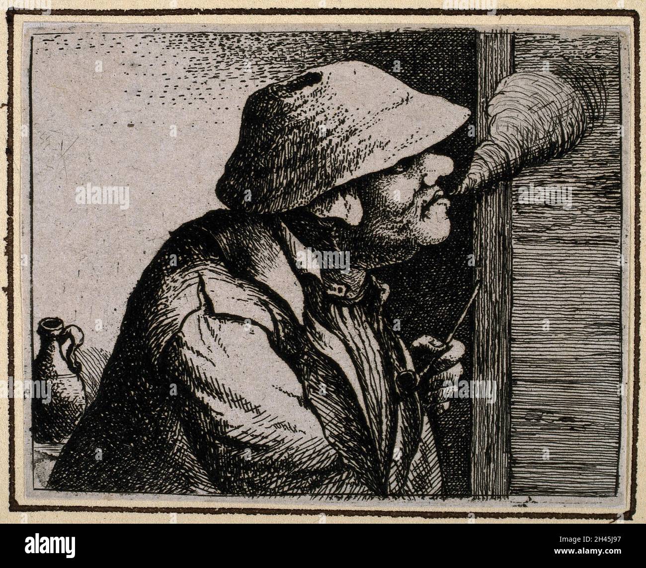 A man looking out of a window, holding a pipe, exhaling tobacco smoke ...