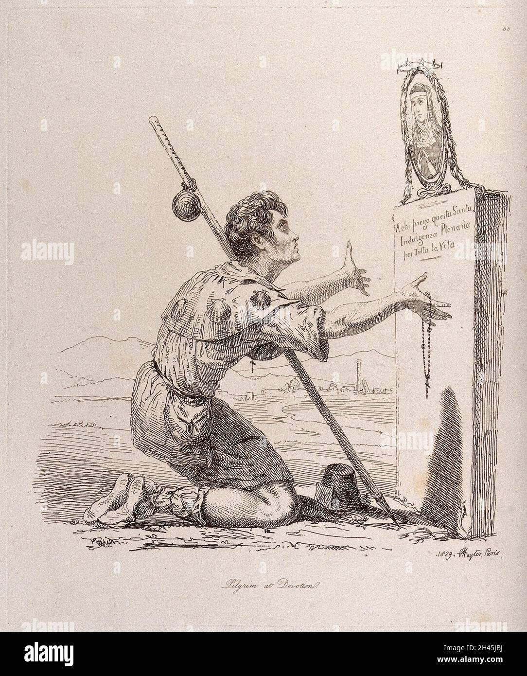 A pilgrim praying at a roadside shrine of Saint Bridget in Italy ...