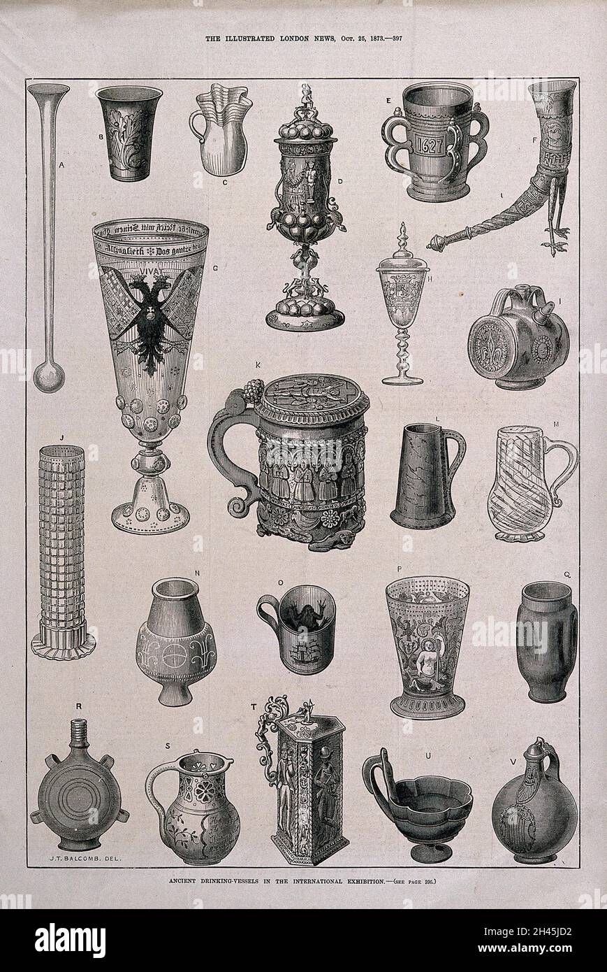 Twenty two ancient drinking vessels from an exhibition. Wood-engraving, c. 1873, after J. T ...