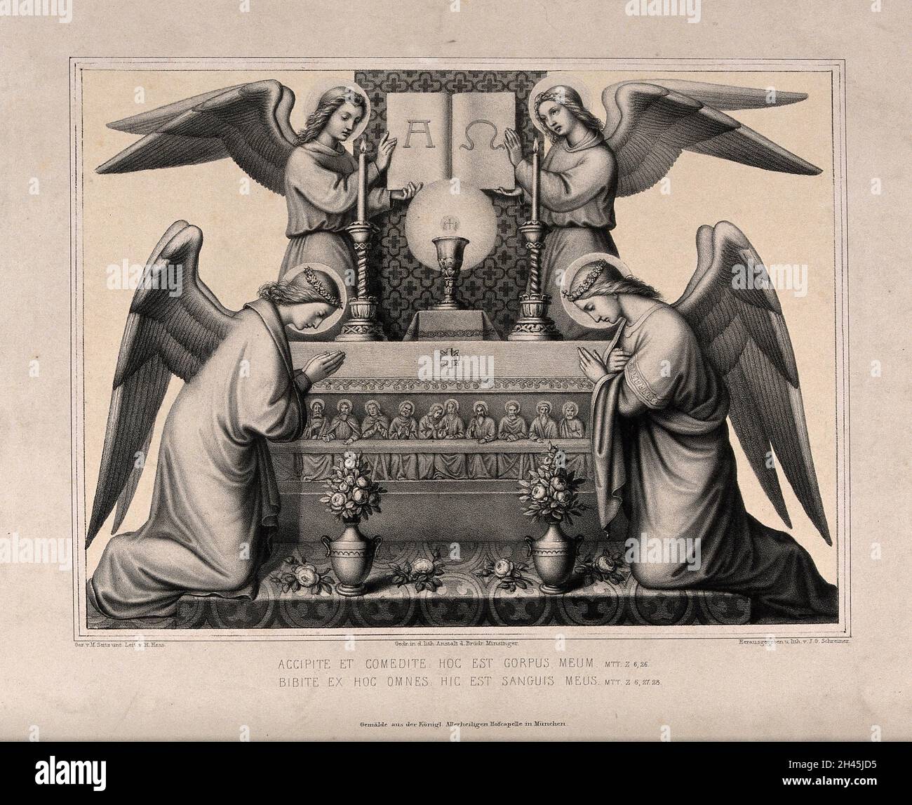 Angels in adoration of the Eucharist, which is presented on an altar ...