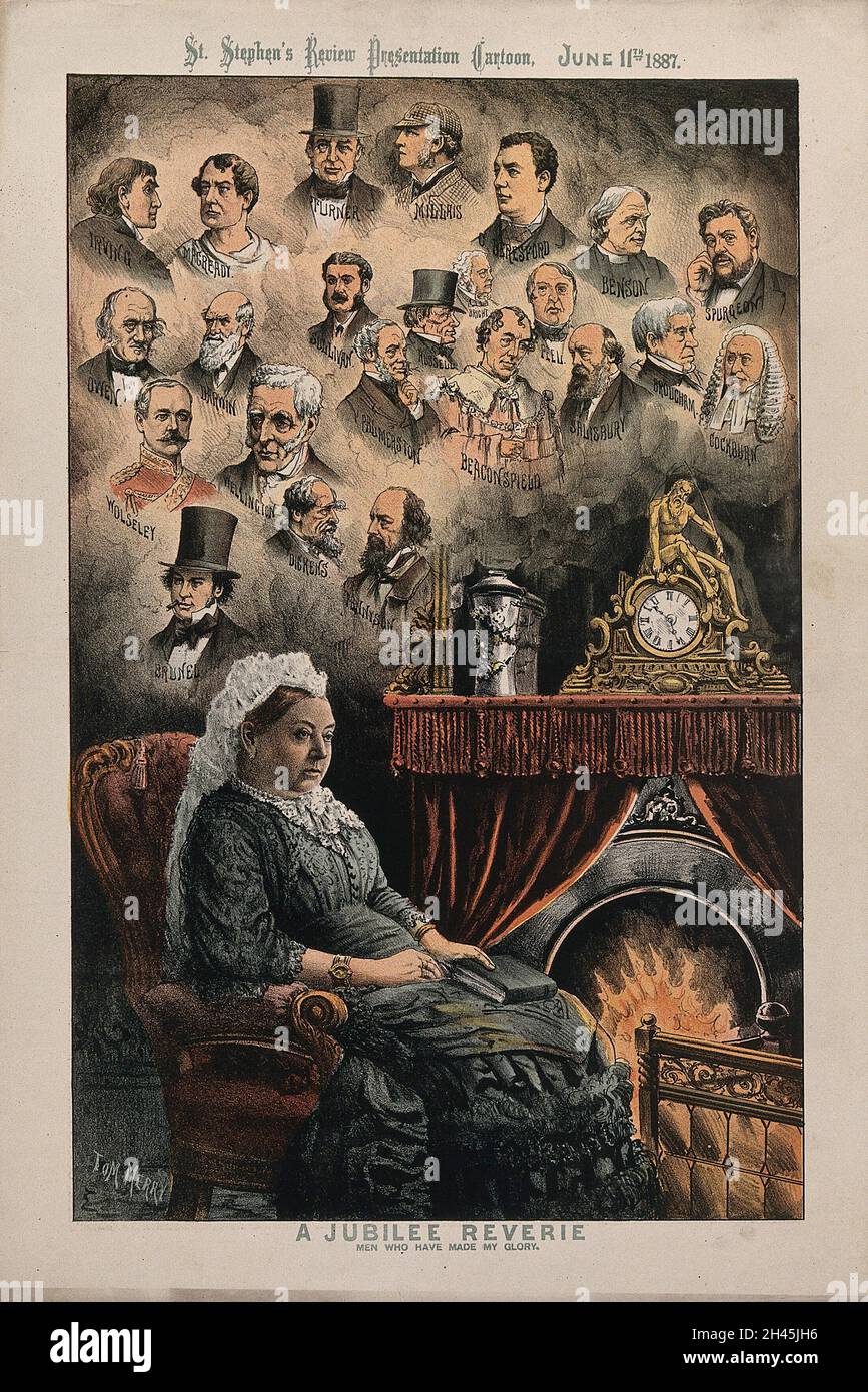 Queen Victoria, seated in an armchair by an open fire, day-dreaming ...