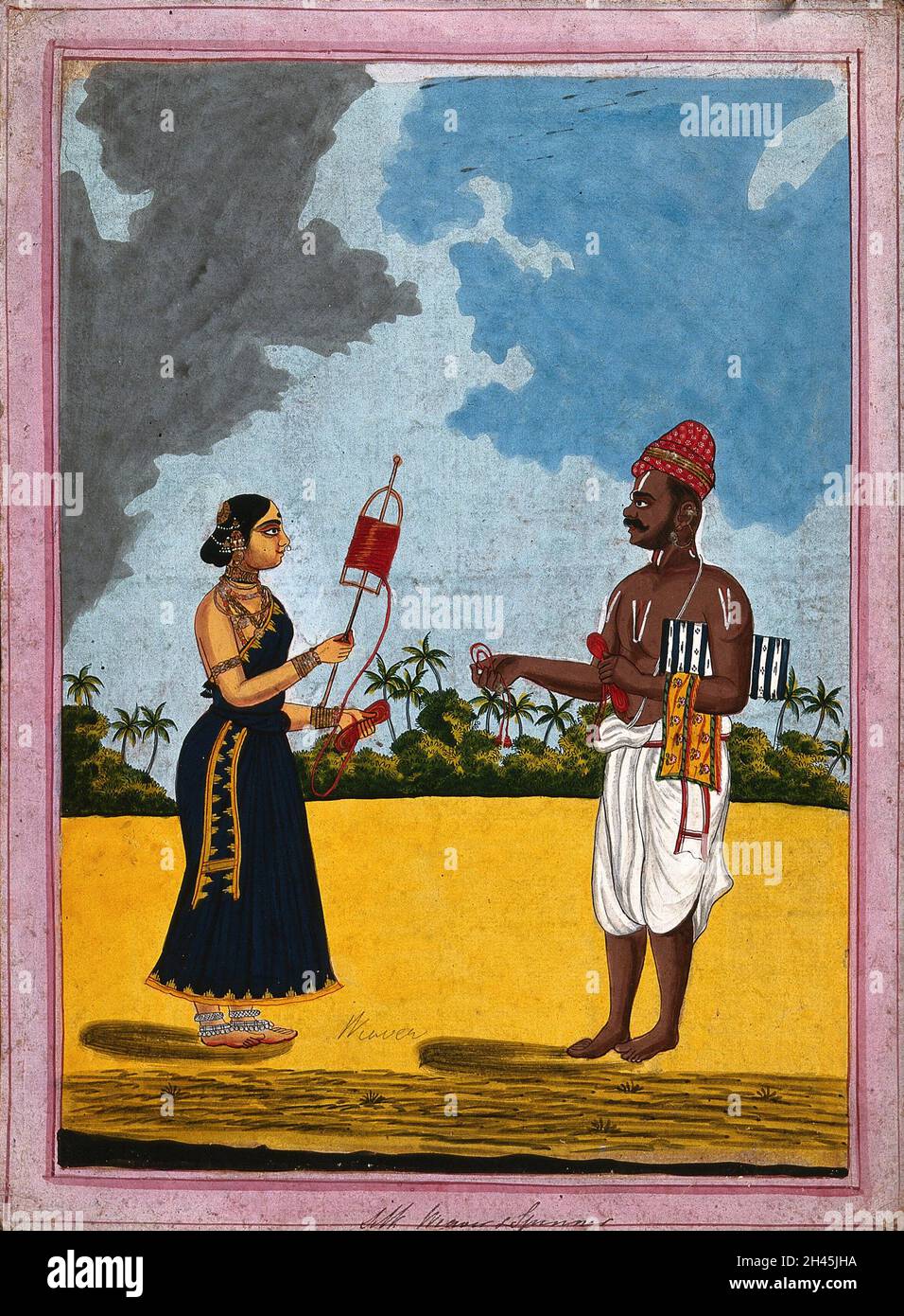 Indian silk weaver and spinner with wife. Gouache drawing Stock Photo ...