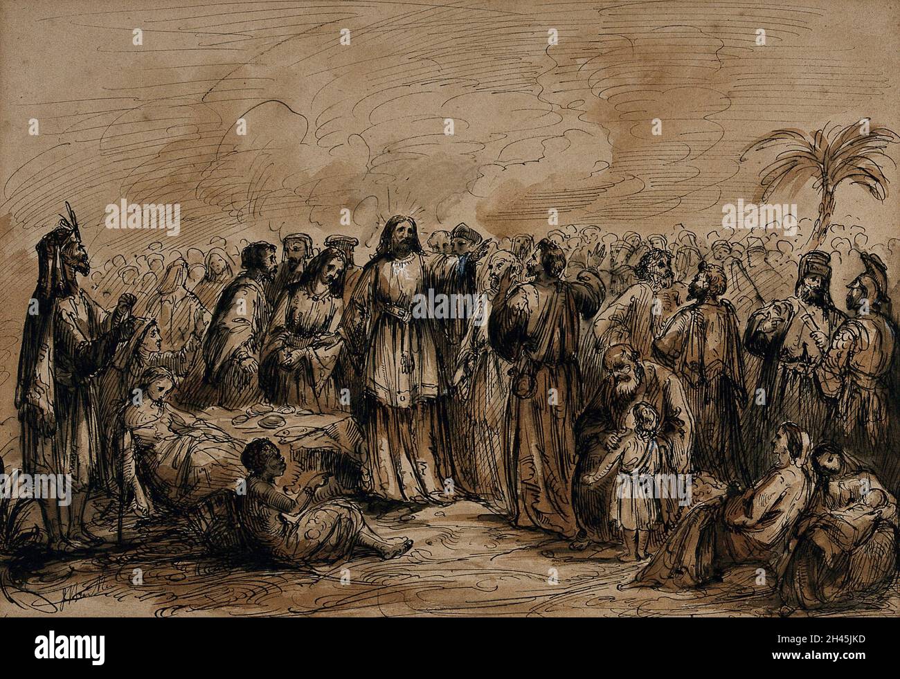 Christ preaching amongst a crowd of people. Pen and ink drawing Stock ...