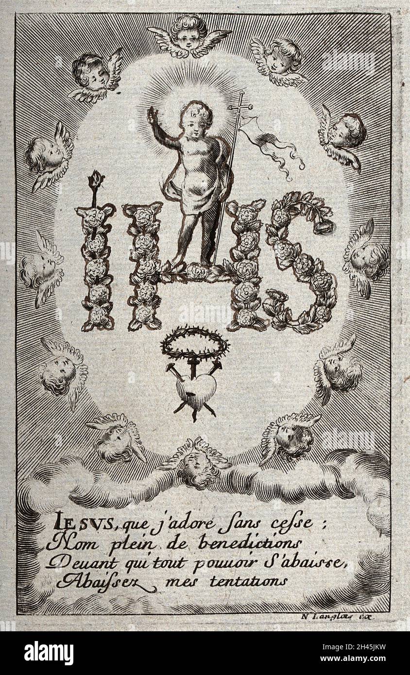 The triumphant Christ Child standing on the Jesuit monogram, above ...