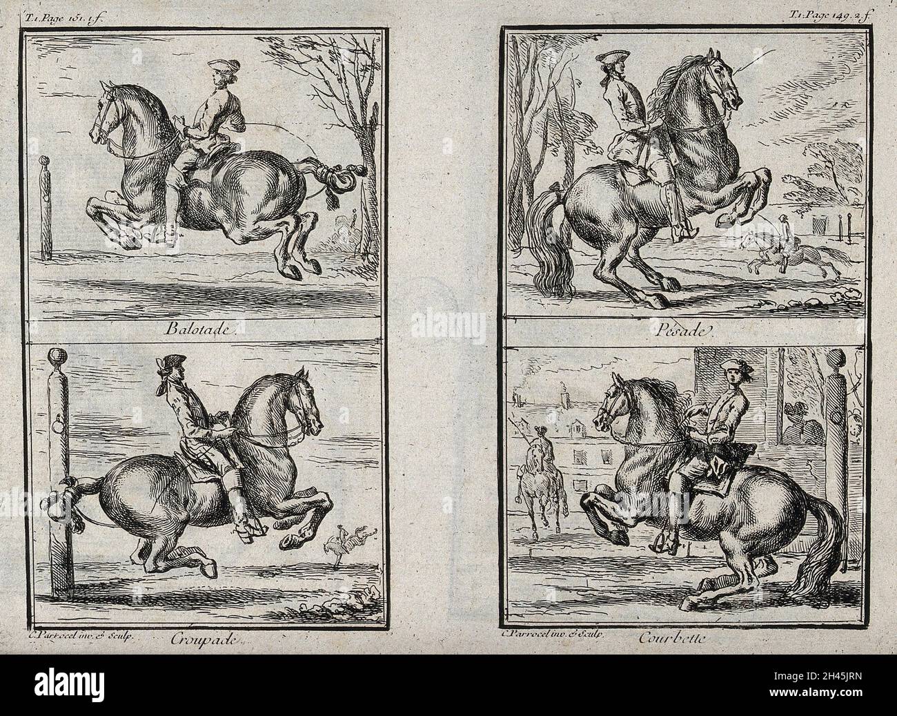 Four different leaps performed by horses with riders, including a ...