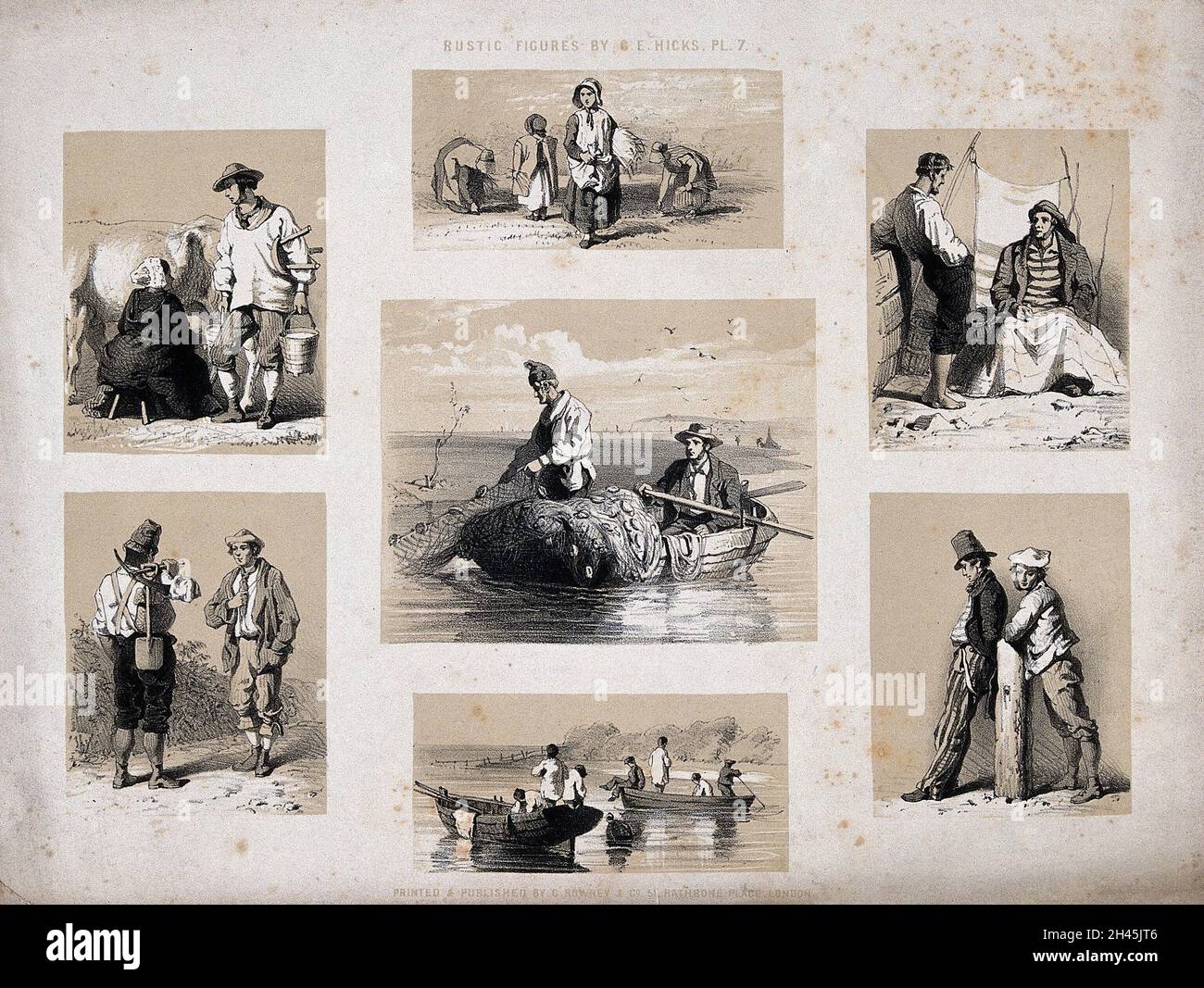 Rural life: seven scenes, including milking, gleaning, and fishing ...