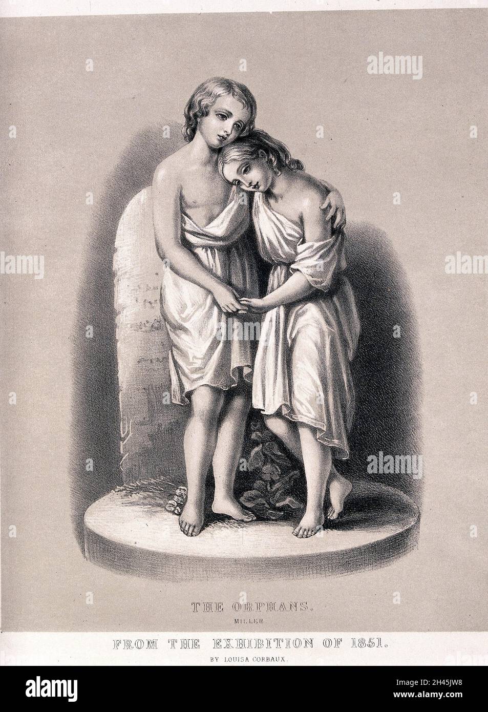 An orphan brother and sister embracing each other. Lithograph by Louisa ...