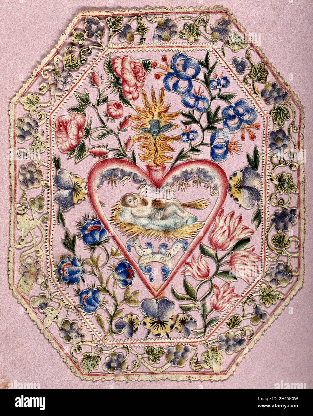 The infant Jesus Christ within a heart, with a coloured filigree border ...