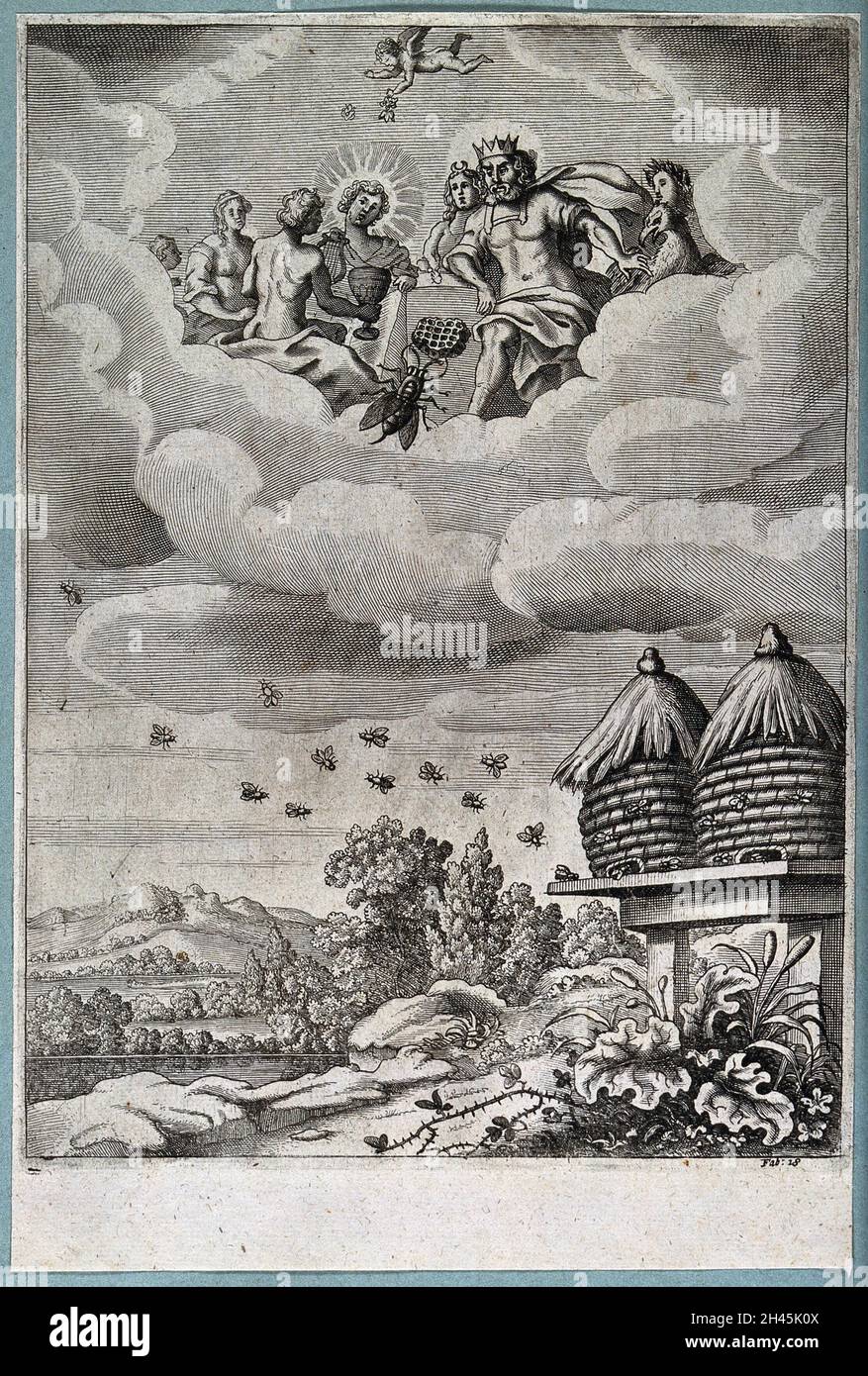 Above, a bee presents a honeycomb to the Olympian gods in the clouds ...