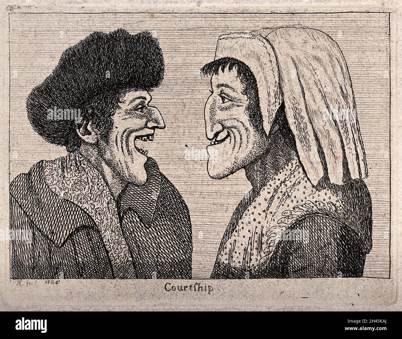 A couple with exaggerated features face one another. Etching Stock ...