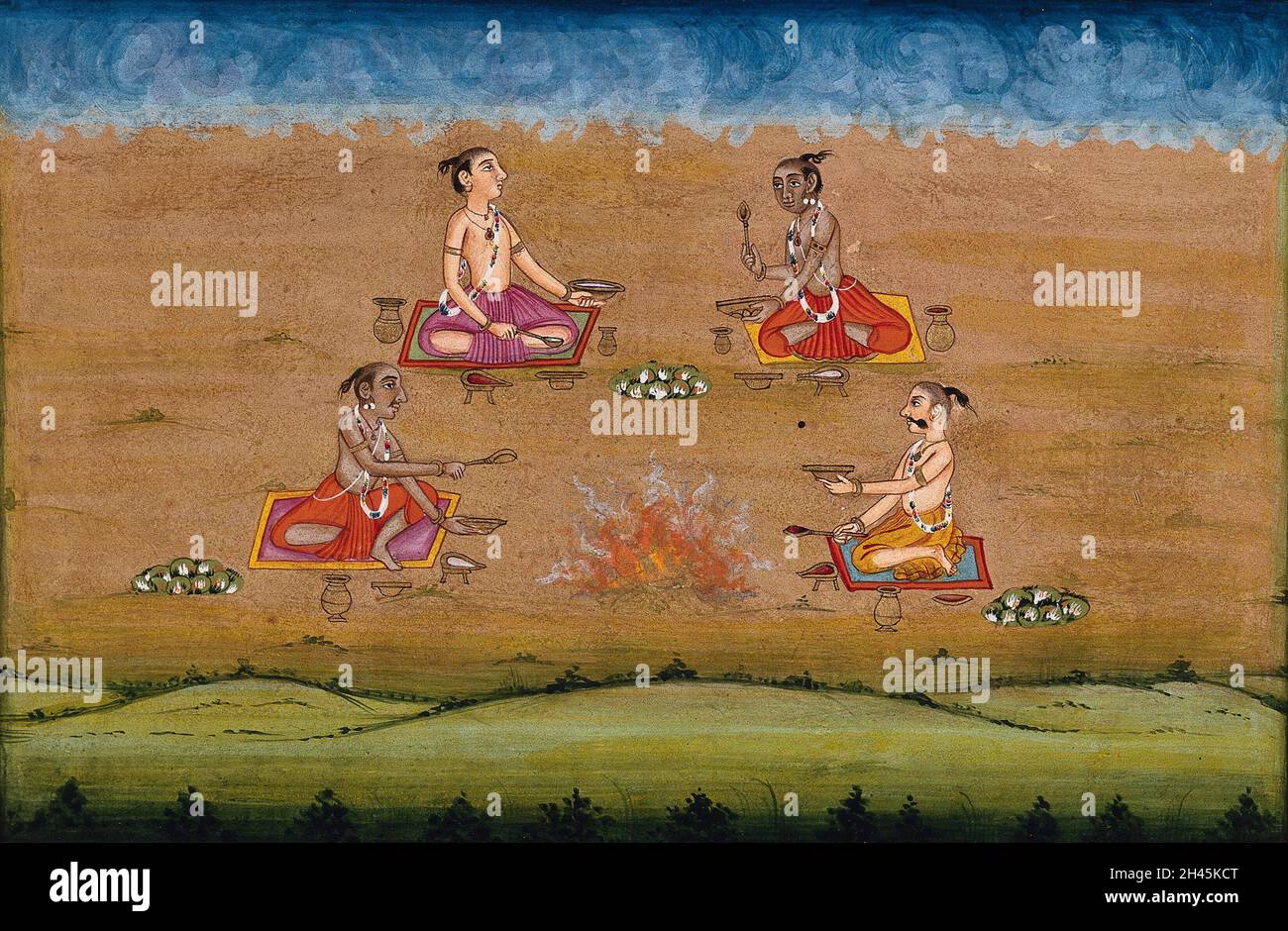 Four priests holding ritual vessels perform a yagna, a fire sacrifice ...