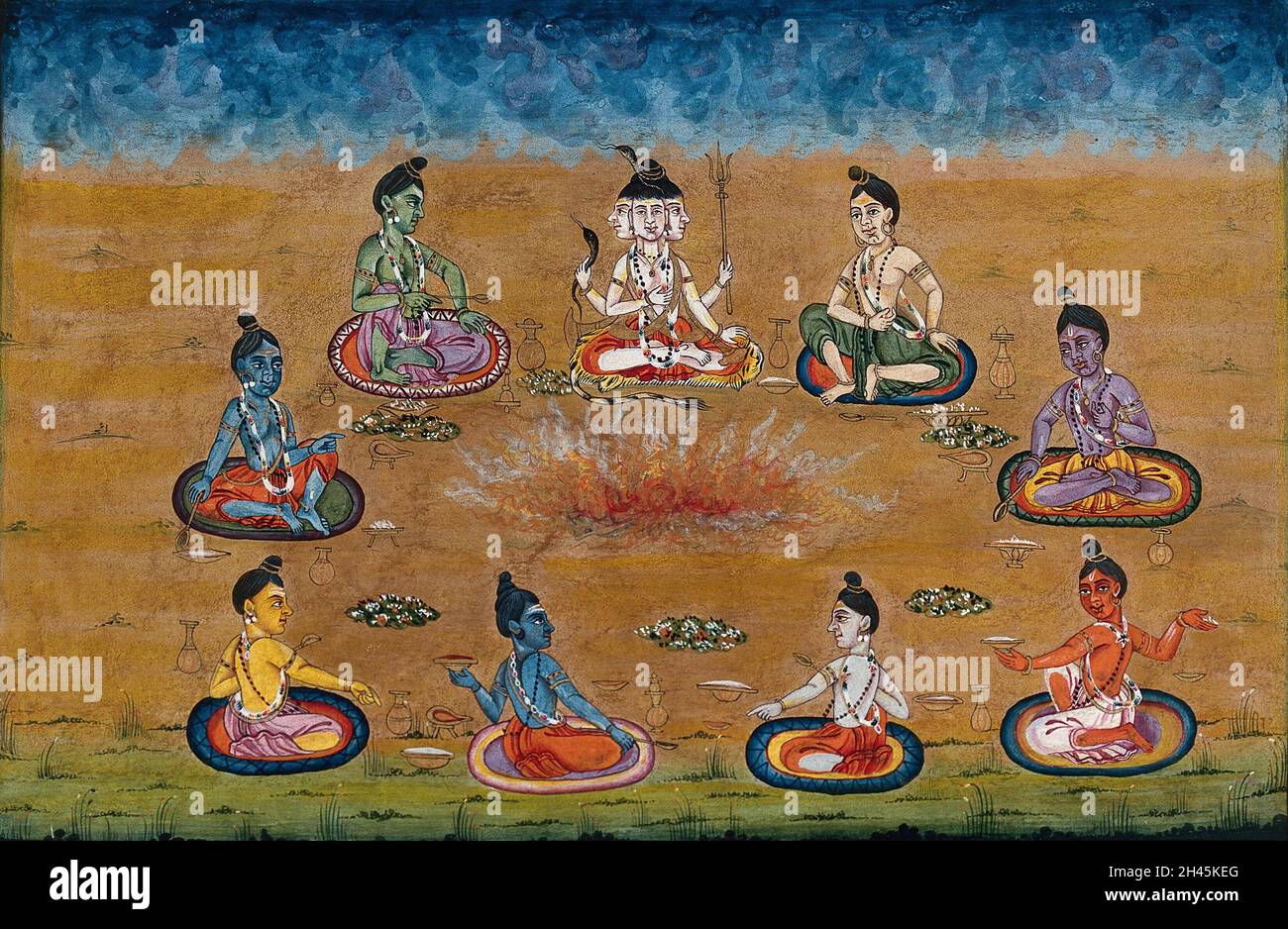 Trimurty, the three headed Shiva, sitting with eight other priests ...