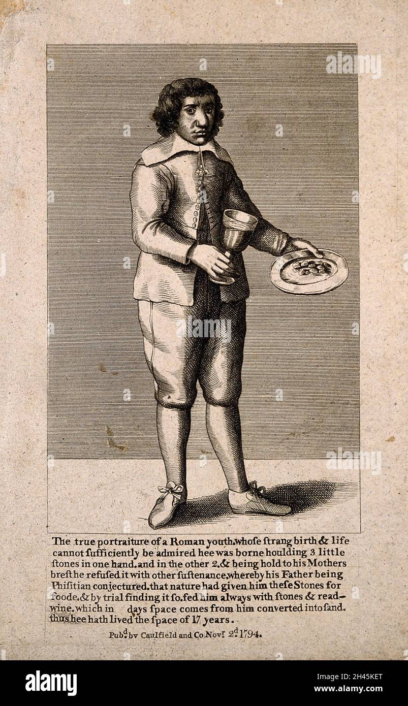 Francesco Battaglia, a stone eating boy. Line engraving, 1794 Stock ...