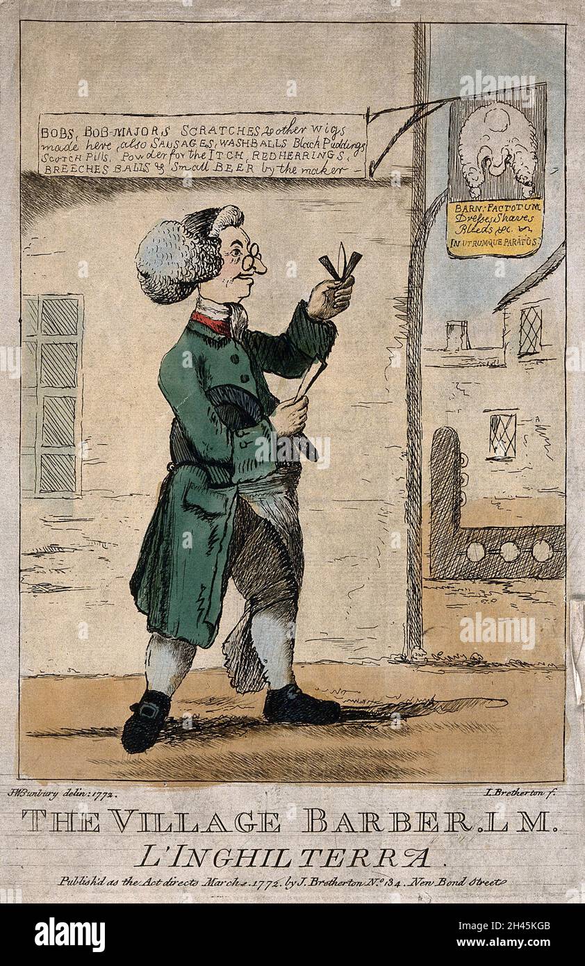A village barber-surgeon standing in front of his shop, holding a razor ...