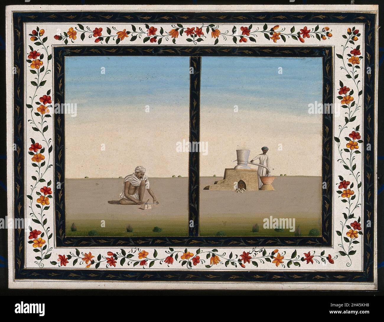 Two Indian men: (left) a seated man filing a piece of metal (?), and ...