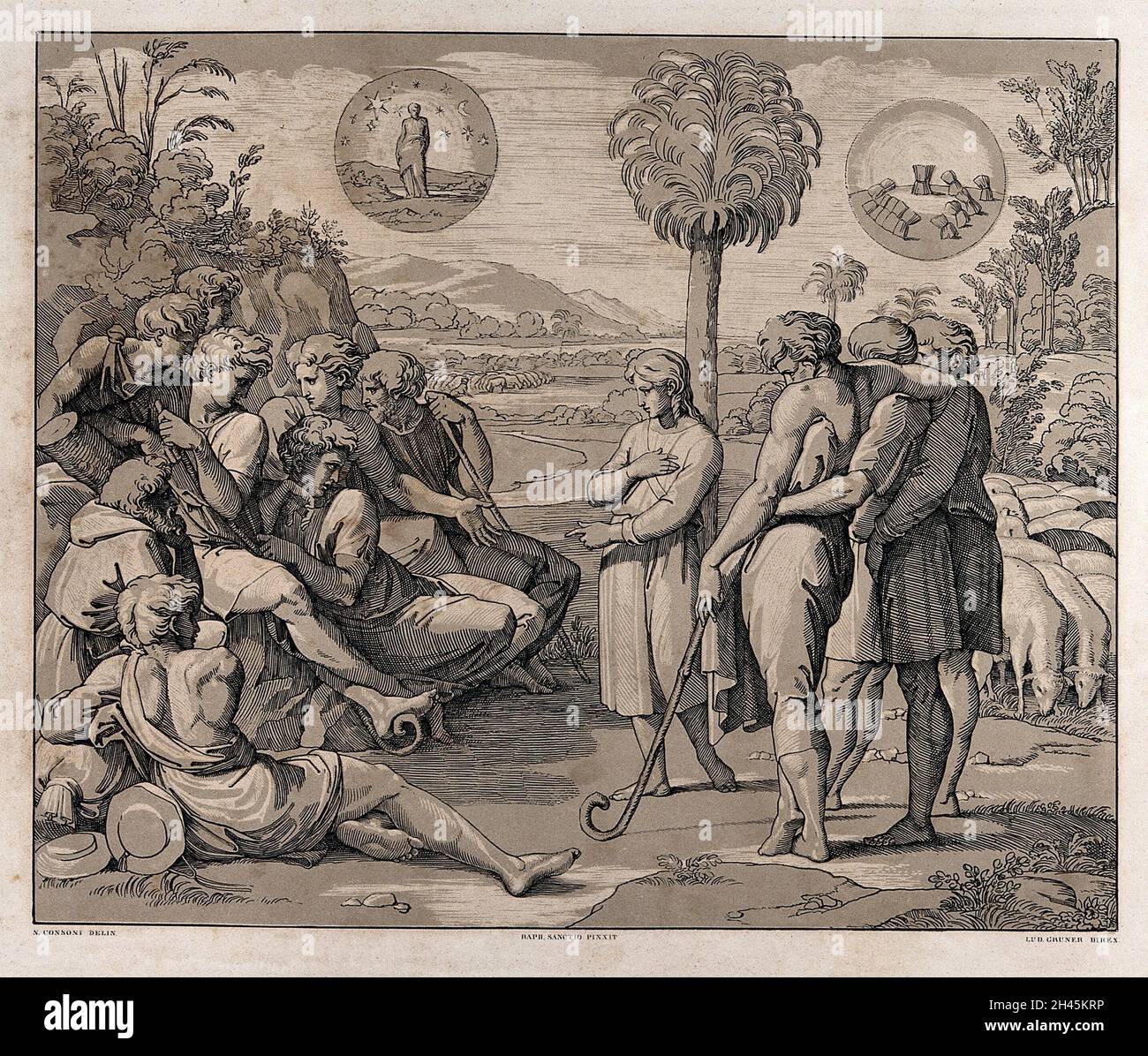 Joseph telling his brothers his dreams. Colour lithograph by L. Gruner ...