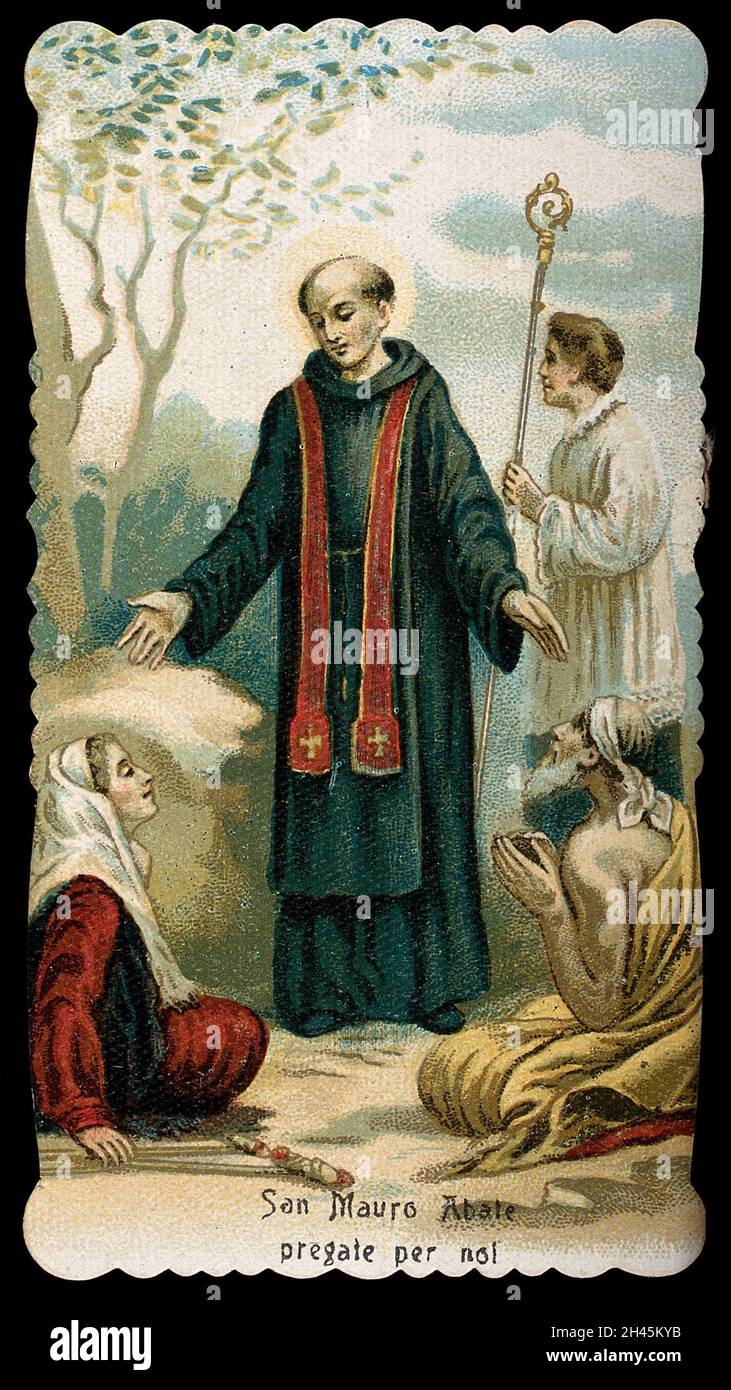 Saint Maurus the Abbot venerated by a lame woman and a poor man. Colour ...