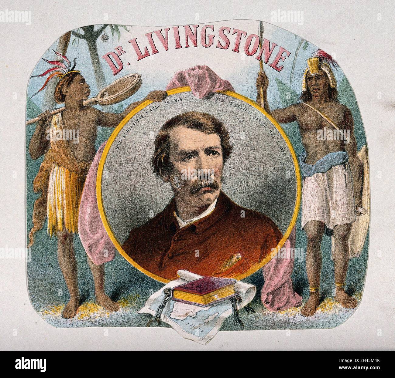 David Livingstone, head and shoulders, in a roundel; two Africans on ...