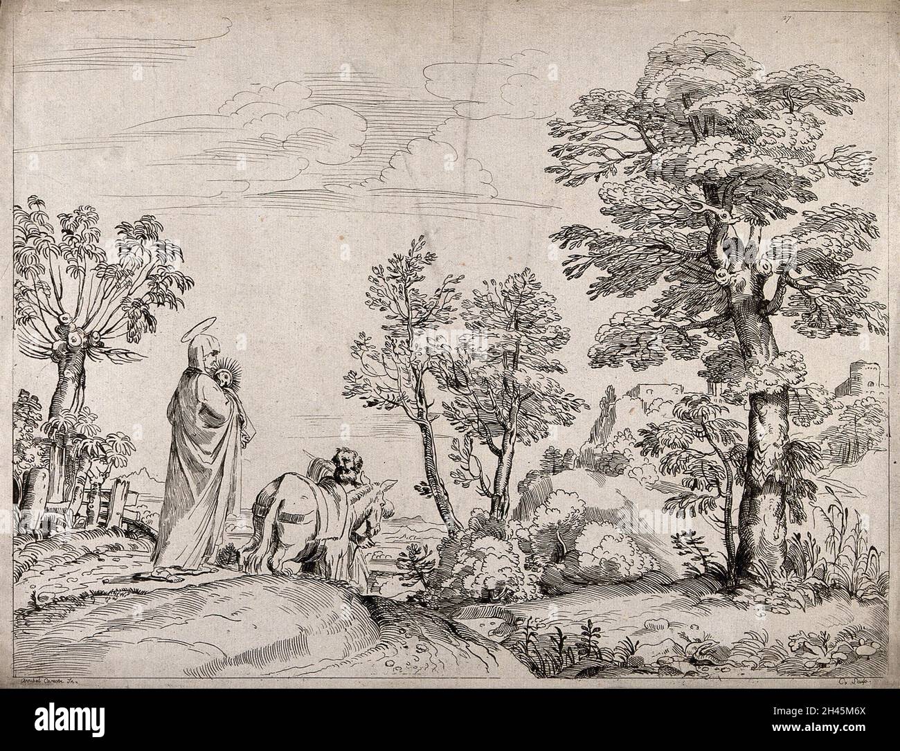 Mary and Joseph voyage to Egypt with the infant Jesus. Etching by A.-C ...