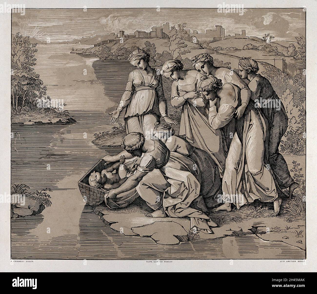 The finding of the child Moses. Colour lithograph by L. Gruner after N ...