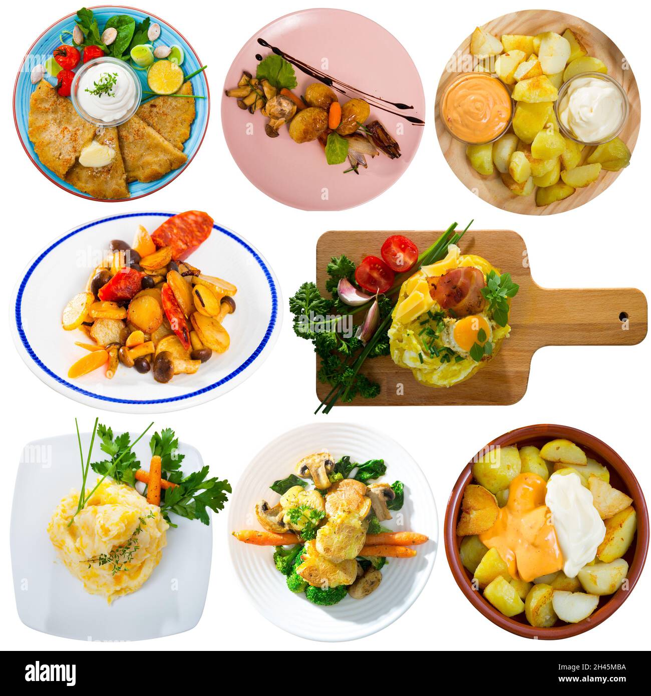 Potato dishes collage on a white background Stock Photo - Alamy