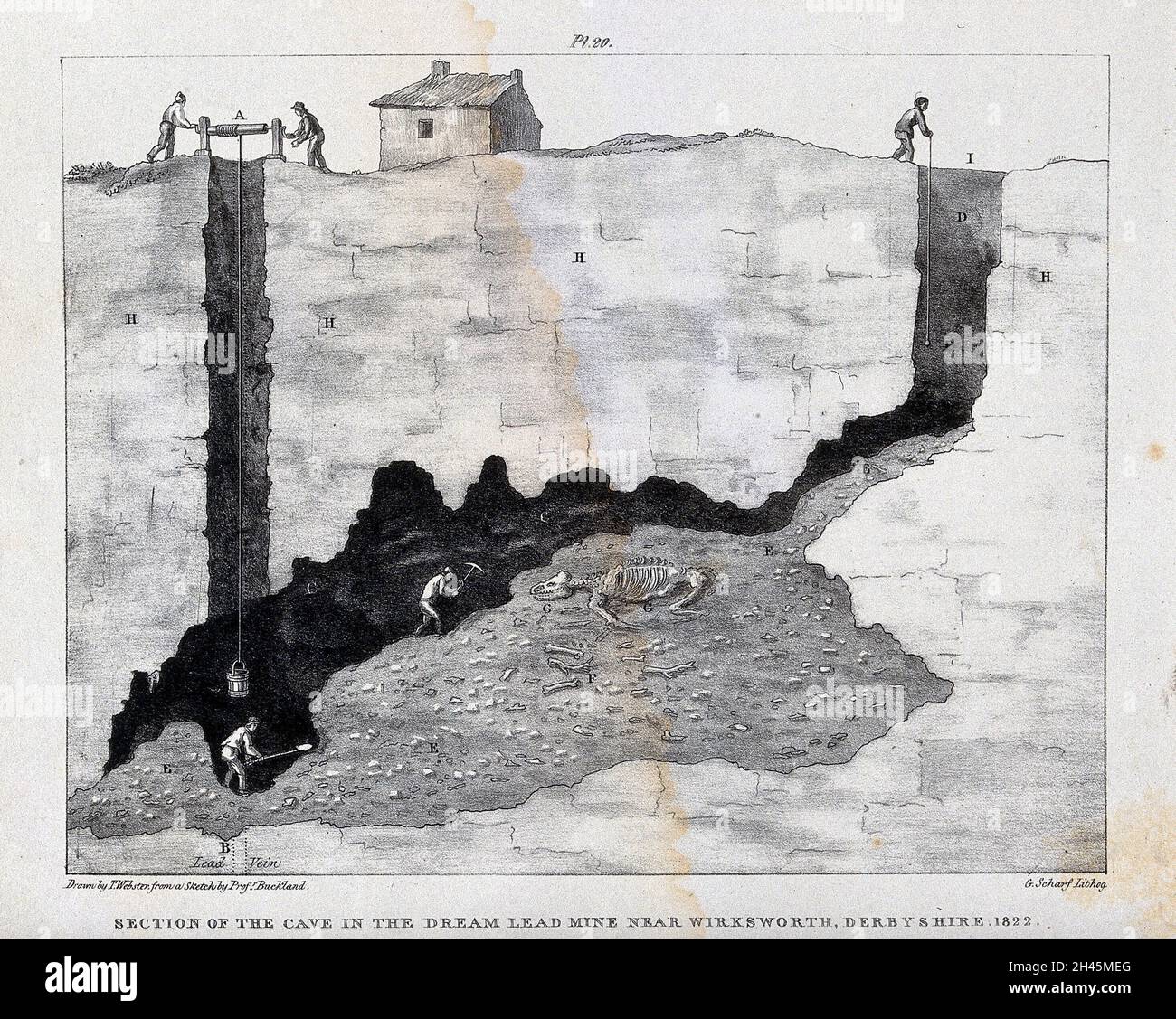 Cross-section of a lead mine in Derbyshire, showing miners working ...