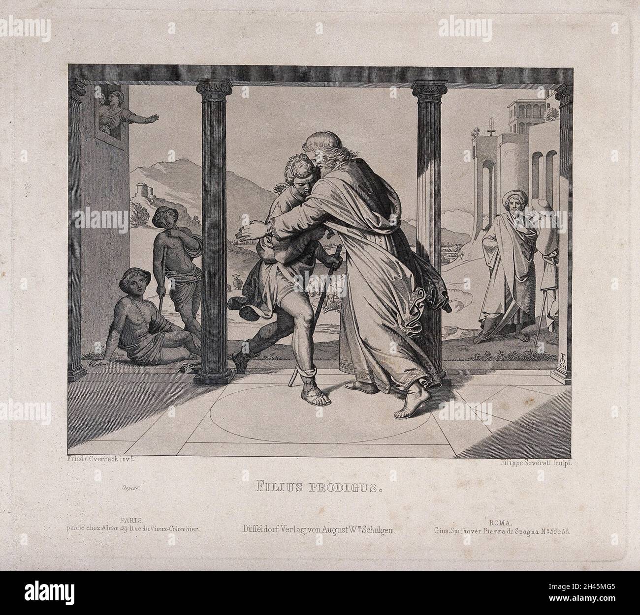 The prodigal son embraces his father. Etching by F. Severati after J.F ...