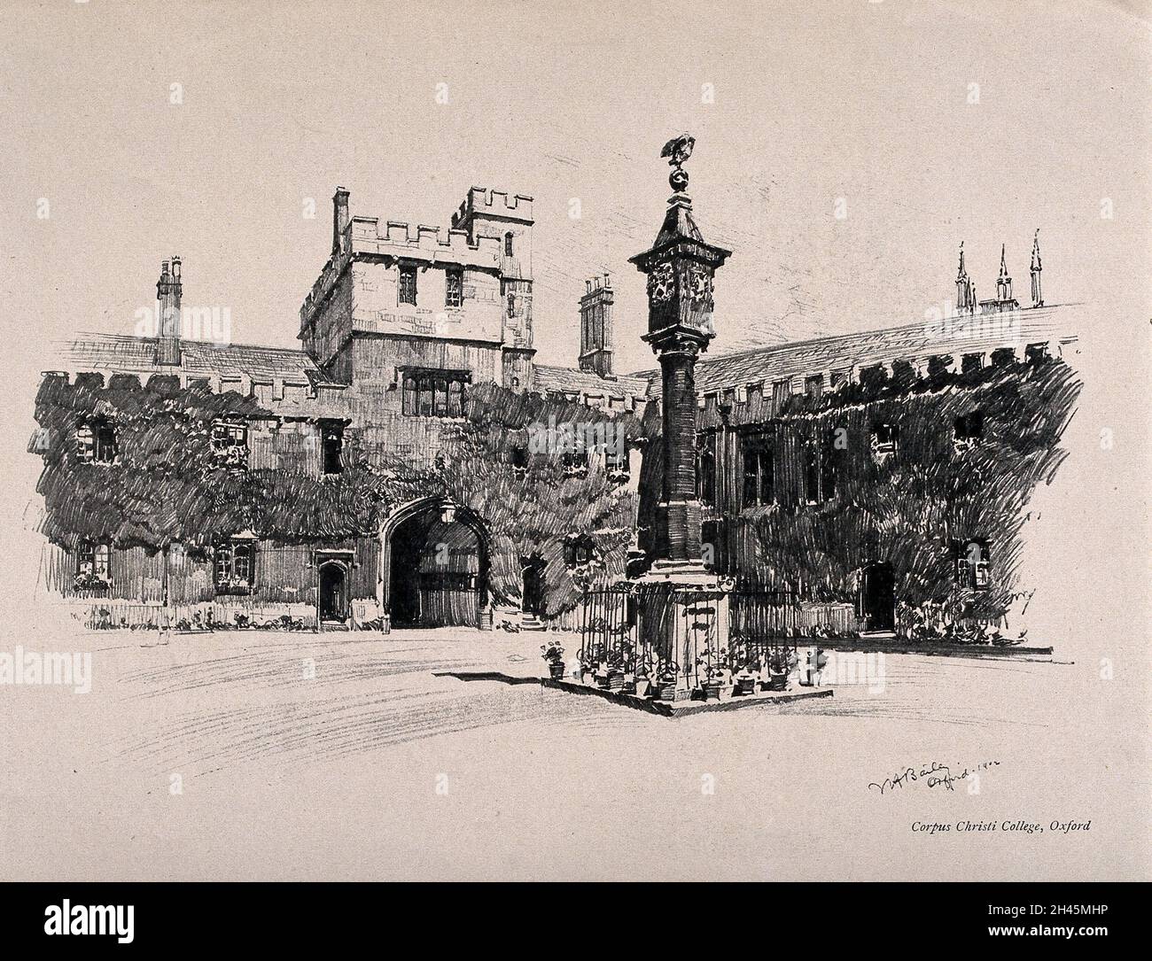 Corpus Christi College, Oxford: courtyard. Reproduction of a drawing by ...