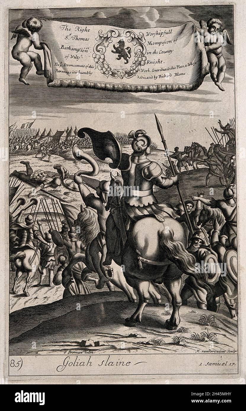 David slaying Goliath. Line engraving by M. van der Gucht after G ...