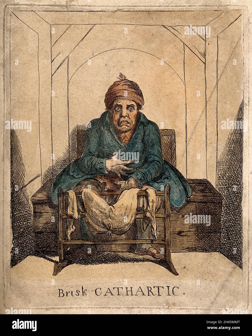 A sick man stranded on the toilet after taking a laxative. Coloured ...