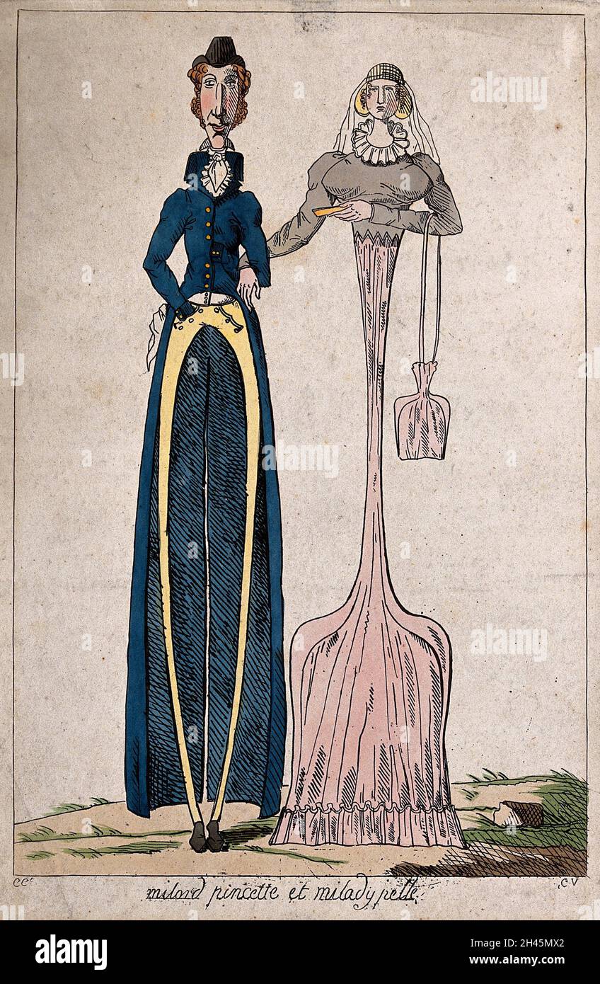A man with long thin legs and a woman with a long thin body. Coloured ...
