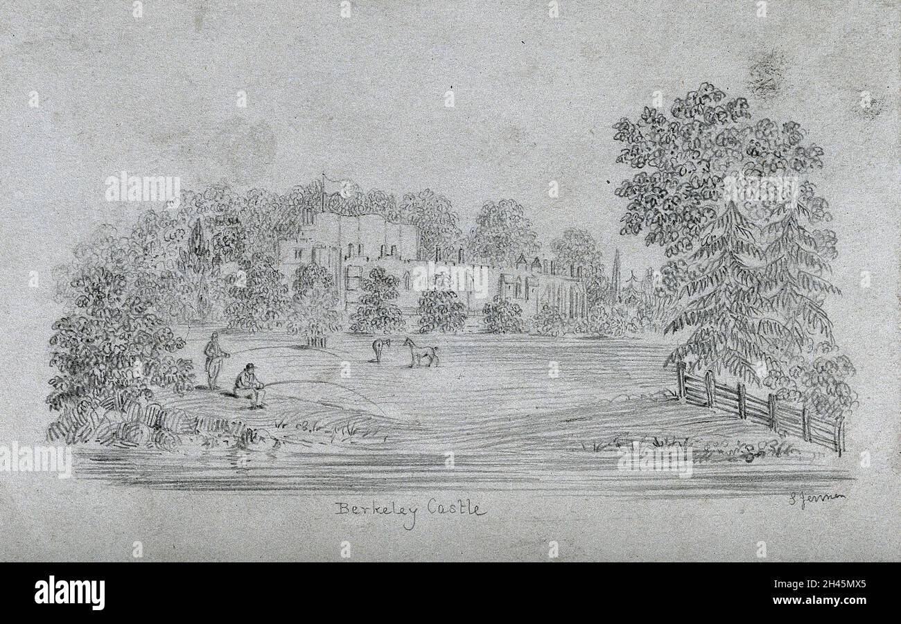 Berkeley castle, view from a distance, with a river or lake in the ...