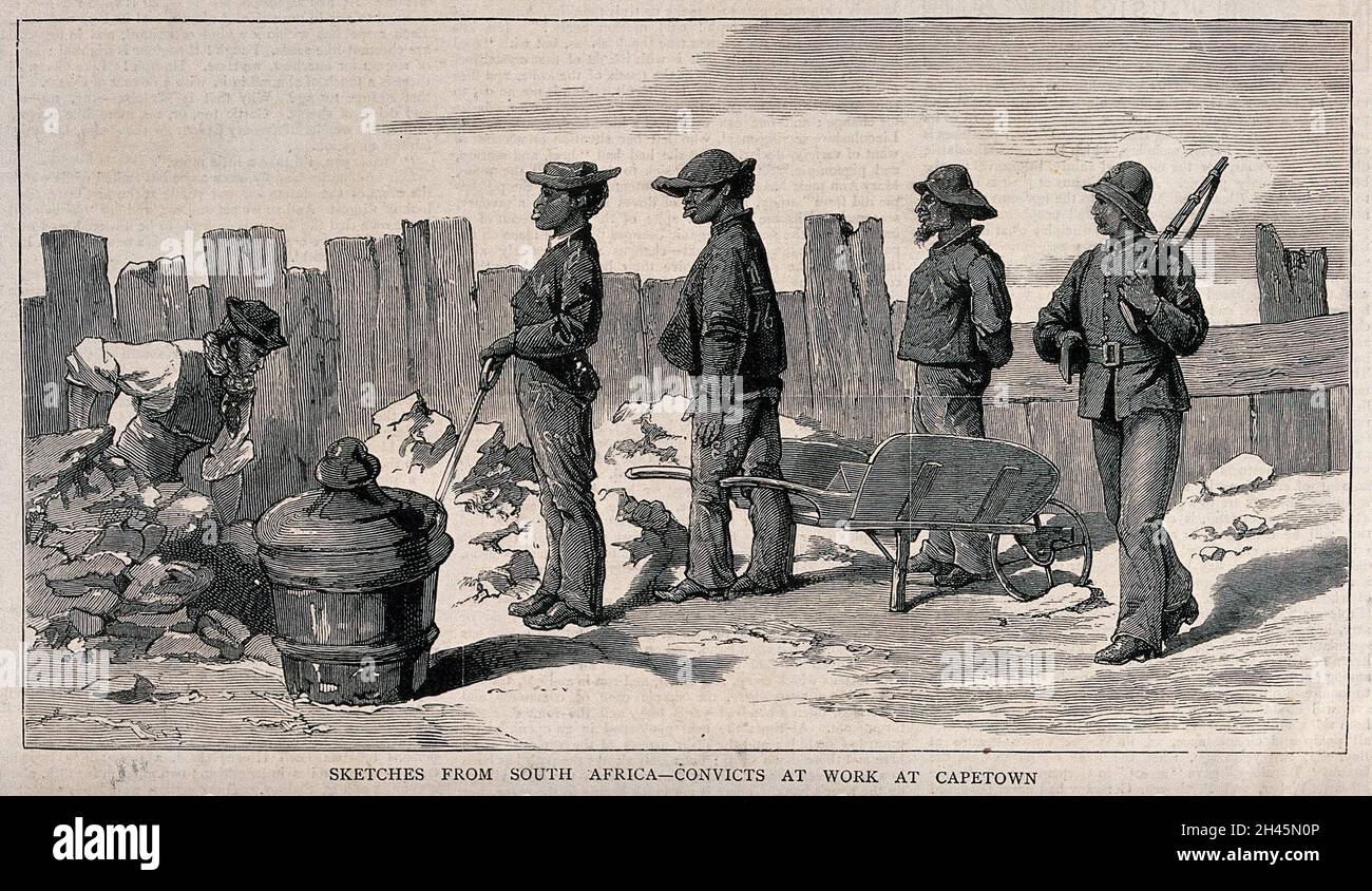 Prisoners in Cape Town with spades and a wheelbarrow are digging a hole ...