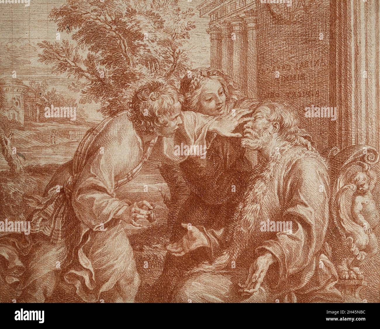 Tobit anointing his father's eyes. Red chalk drawing by B. Picart, 1725 ...