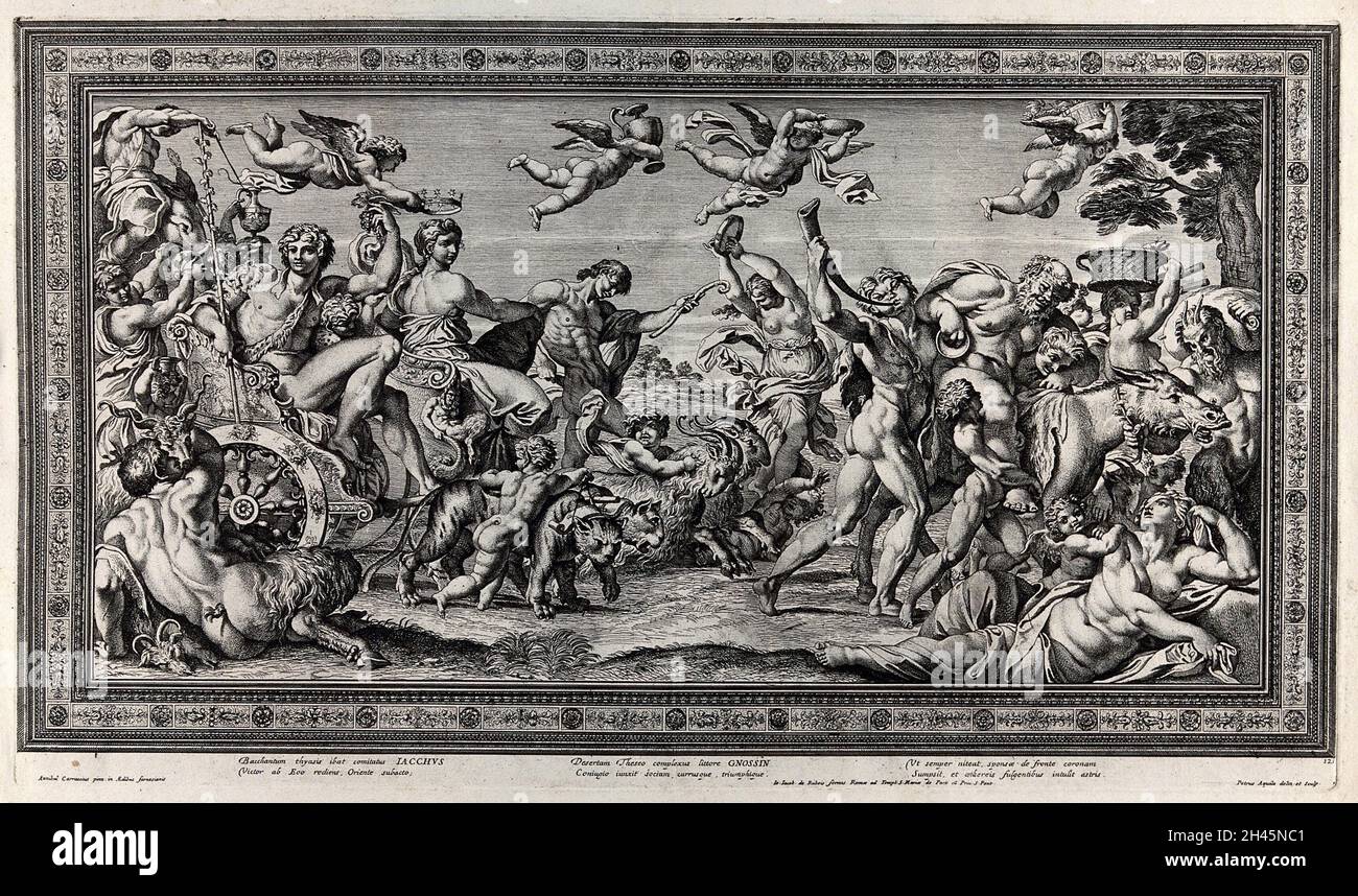 Bacchus and Ariadne on a chariot accompanied by bacchants, Silenus etc ...