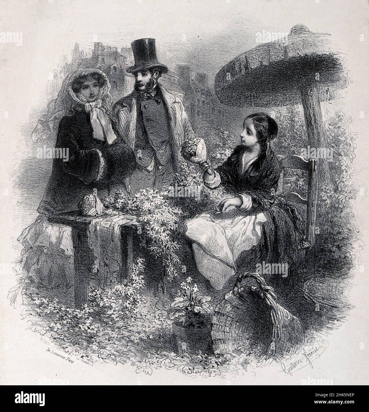 A flower seller offers a bunch of flowers to a young couple who are ...
