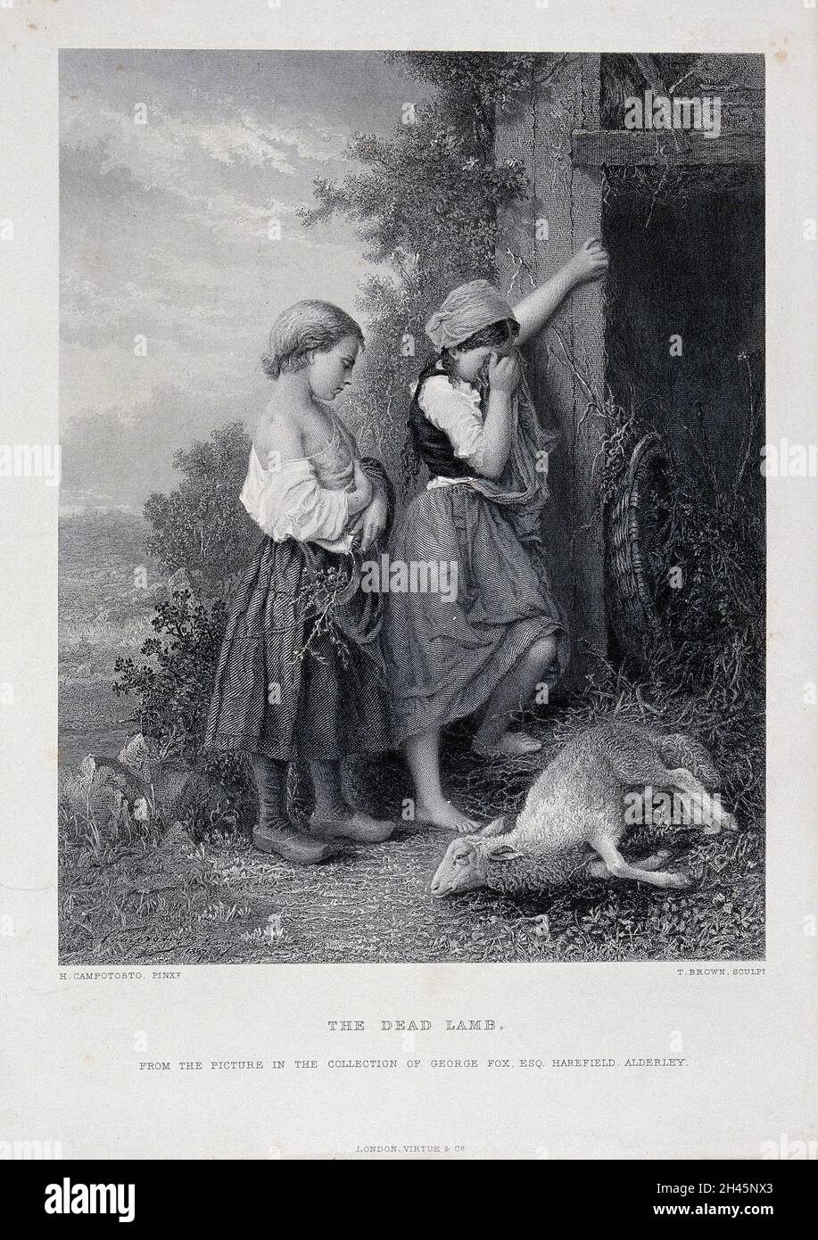 Two girls crying over a dead lamb. Etching with line engraving by T ...