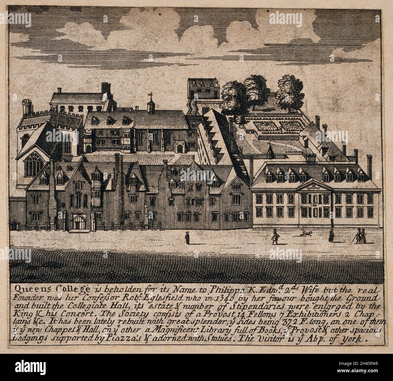 Queen's College, Oxford: bird's eye view and printed text. Line ...
