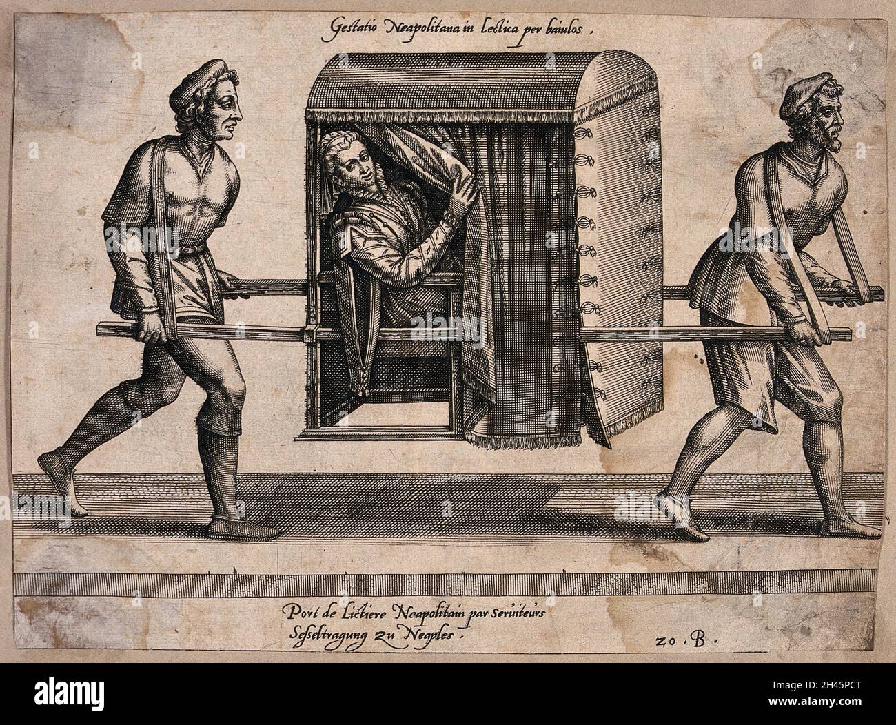 A woman in Naples is being carried in a sedan chair by two men ...