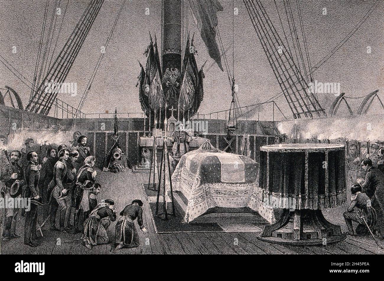 A priest performing a ceremony on board a ship containing the remains ...