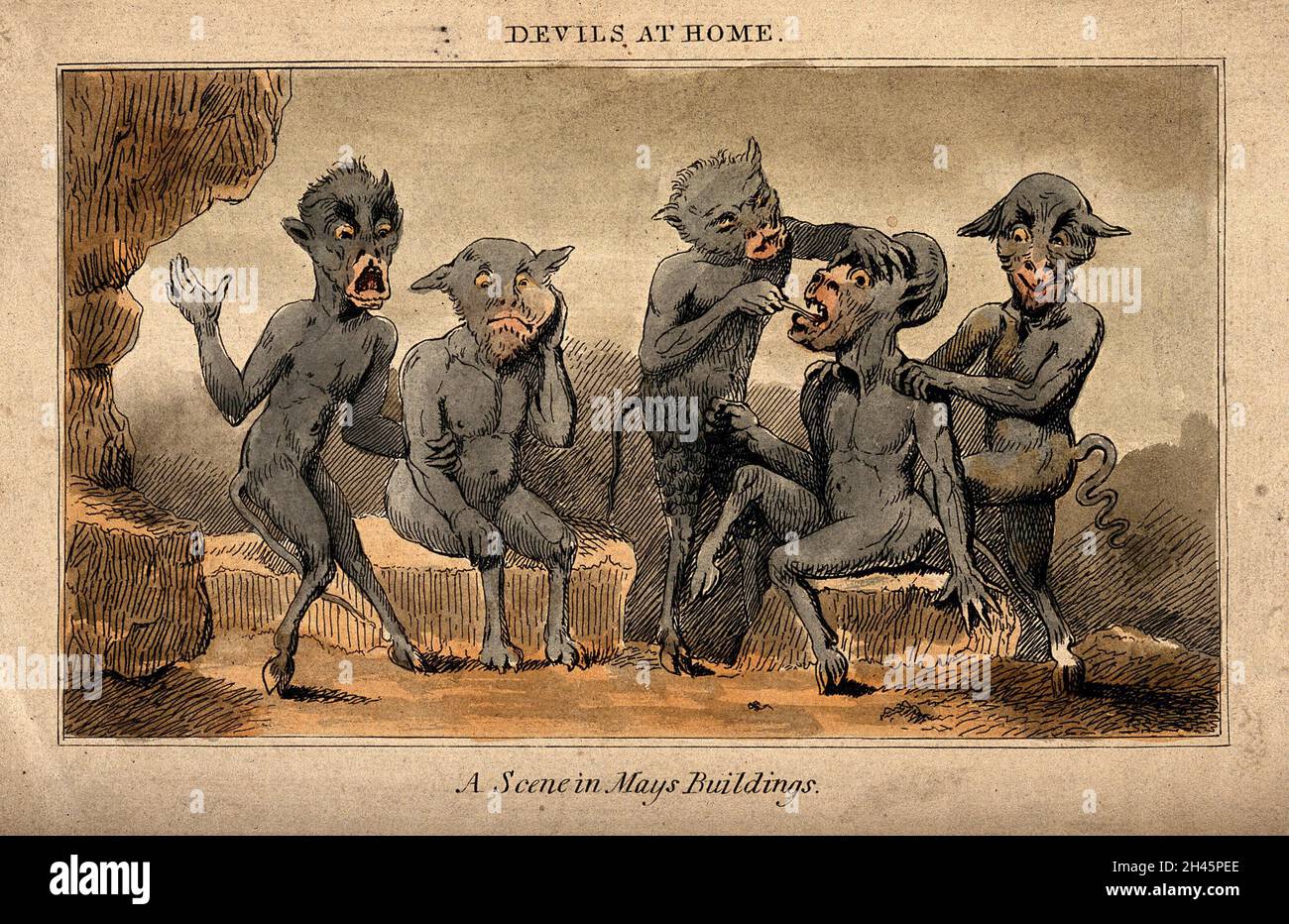 Five demons: one performs dental surgery on another, while another with ...