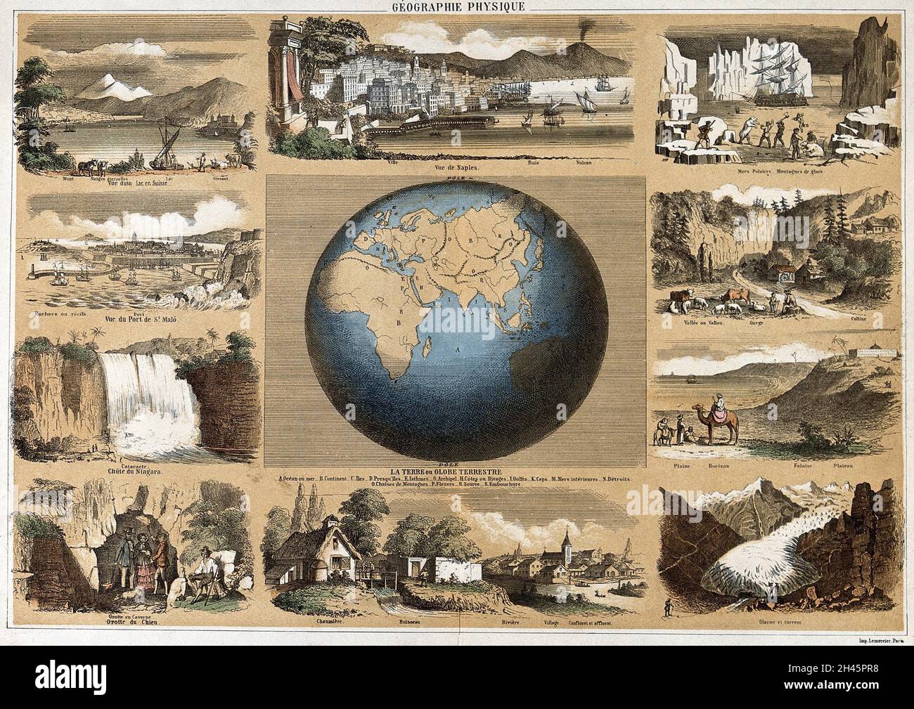 Geography: a map of the world, with local scenes around. Coloured ...